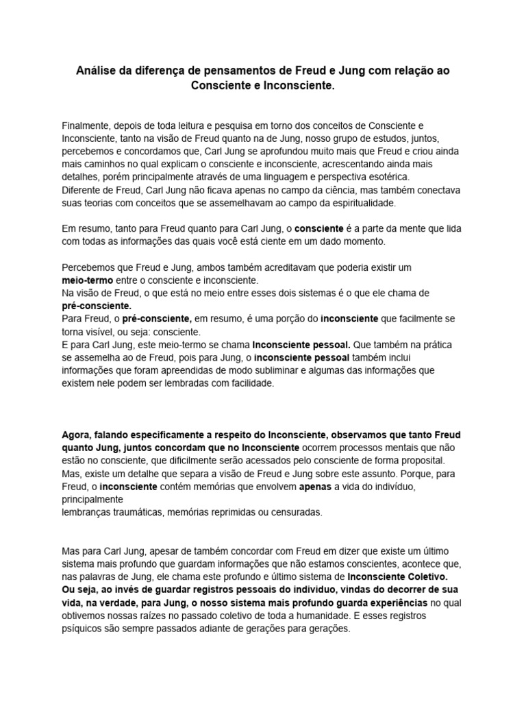 Diferença de pensamentos de Freud e Jung com relação ao Consciente e ...