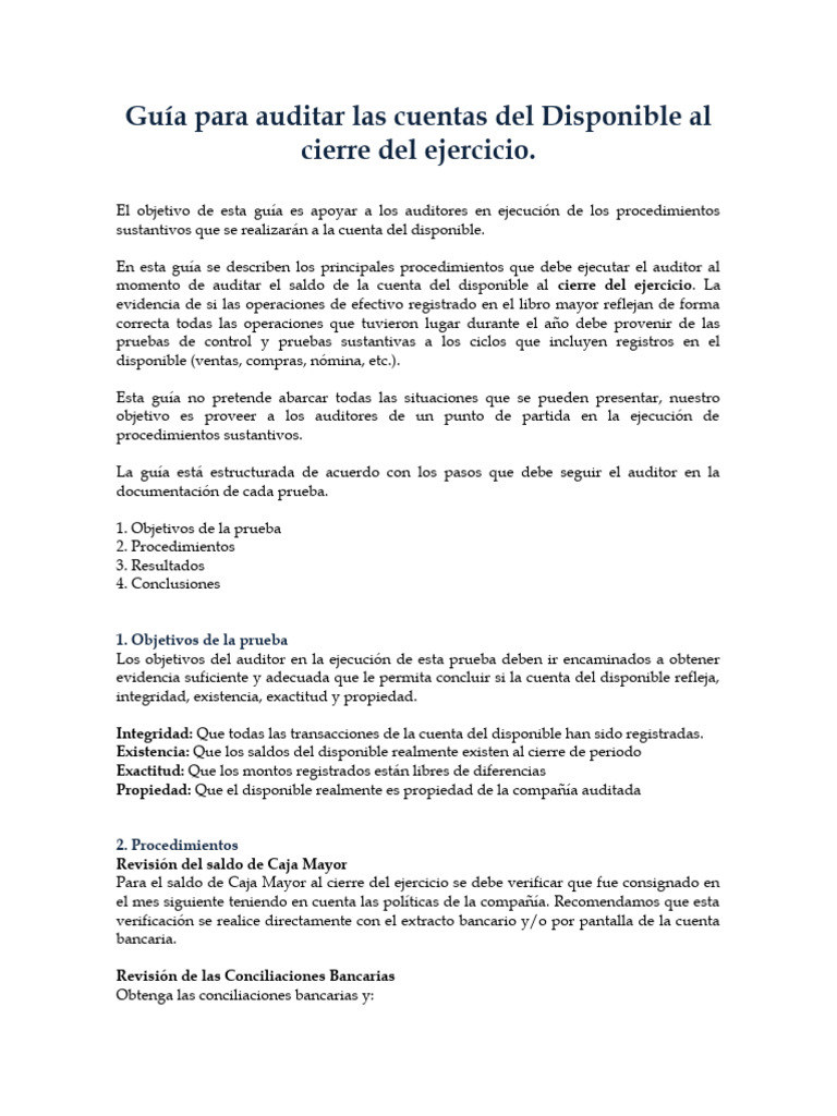 Guía para Auditar Las Cuentas Del Disponible Al Cierre Del Ejercicio. | PDF | Bancos | Contabilidad