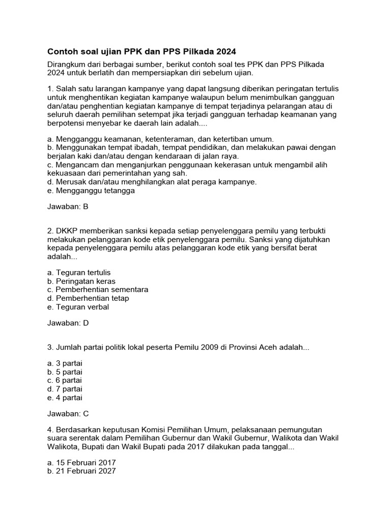 Contoh Soal Tes CAT PPK Pilkada 2024 | PDF