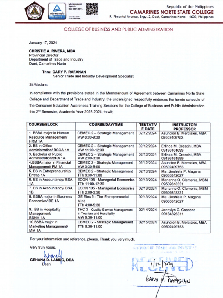 Raining Sessions 2ND Semester Ay 2023 2024 Dti Schedules | PDF