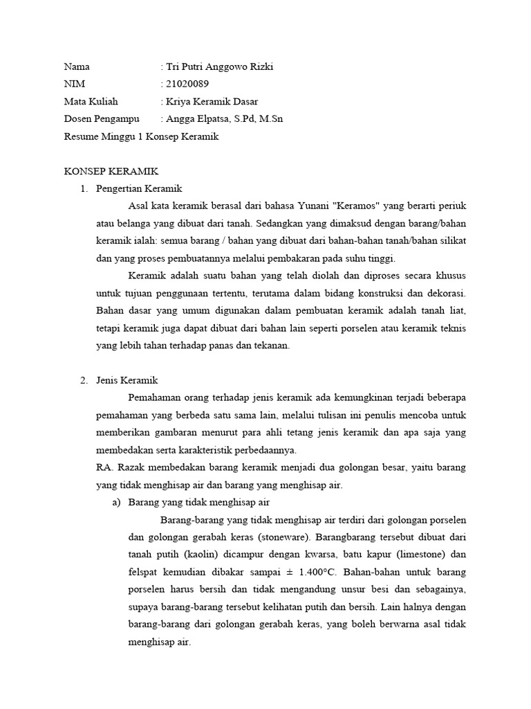 TRI PUTRI ANGGOWO RIZKI (21020089) - Resume.M1.Keramik | PDF | Seni