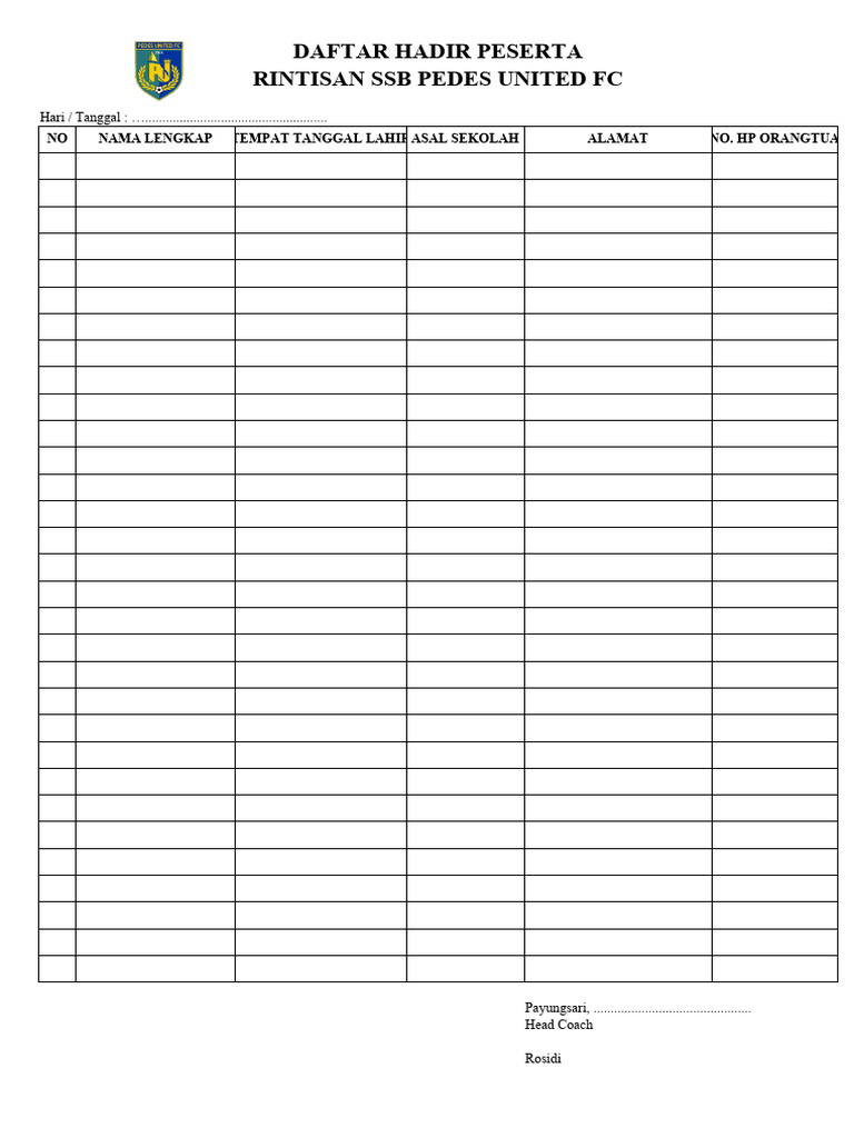 FORMAT DAFTAR HADIR LATIHANv2 | PDF