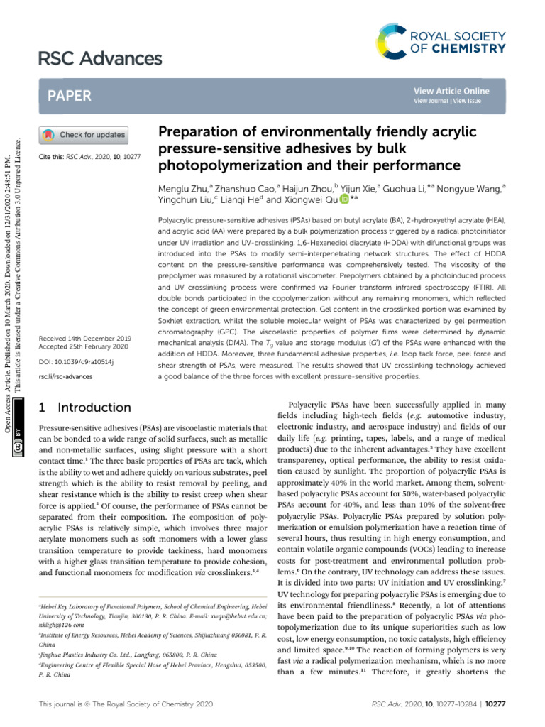 Eco-Friendly Acrylic Adhesives via UV Polymerization | PDF | Polymers ...