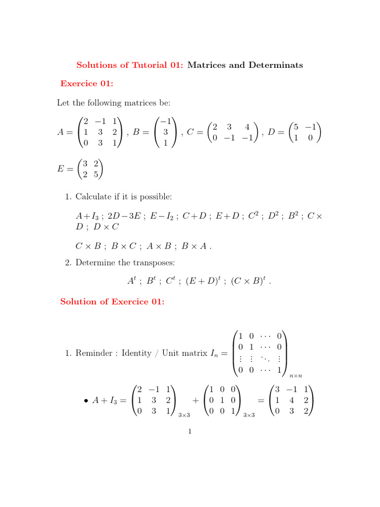 Solutions of Tutorial 01 | PDF | Matrix (Mathematics) | Mathematical Concepts