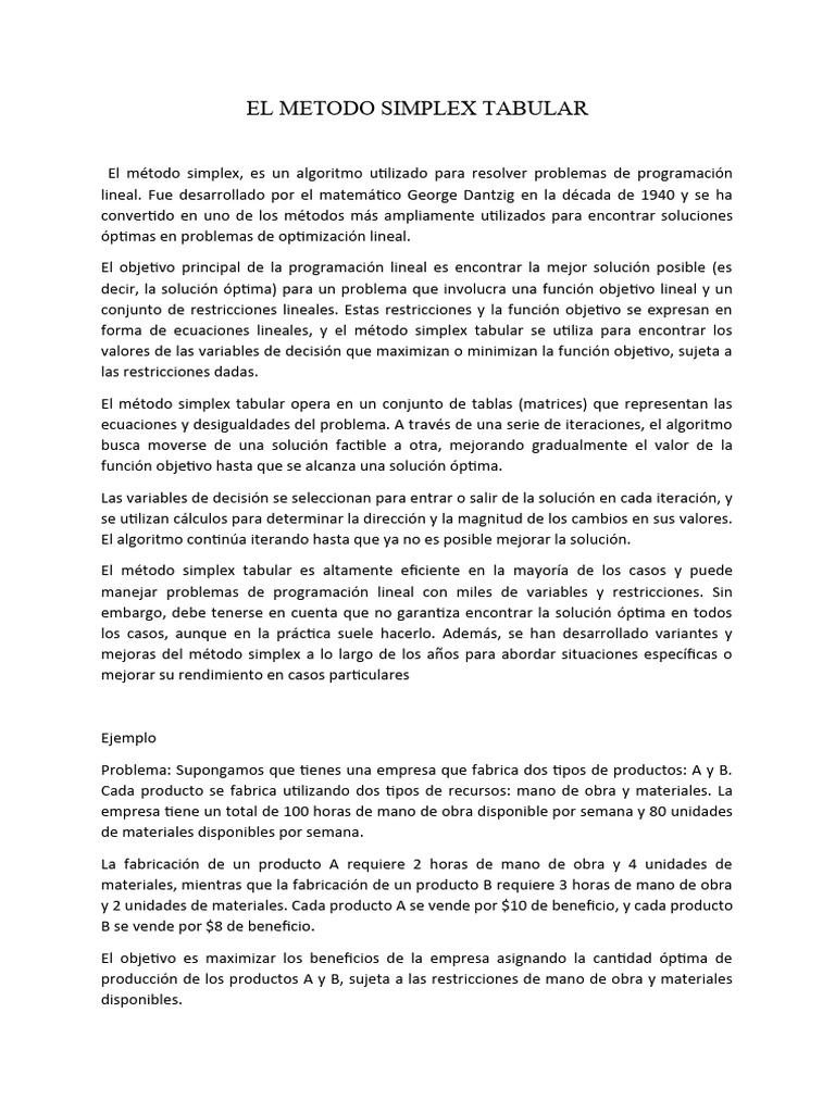 El Metodo Simplex Tabular Pdf Programación Lineal Lógica Matemática