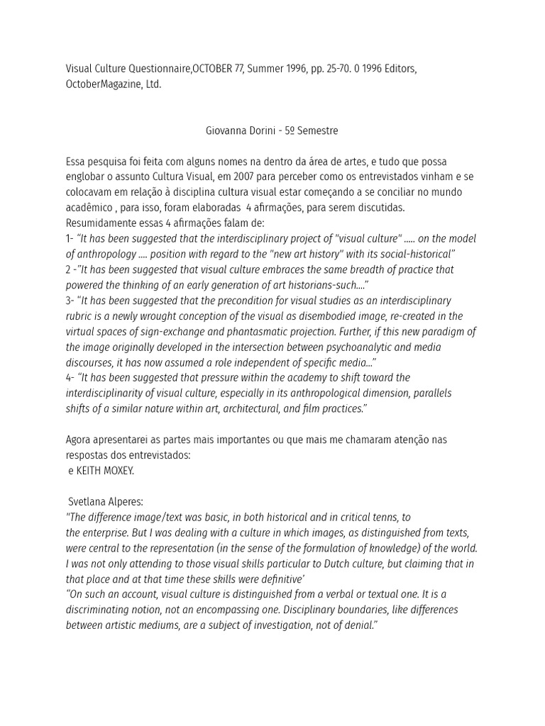 Visual Culture Questionnaire, OCTOBER 77, Summer 1996, pp-2 | PDF ...