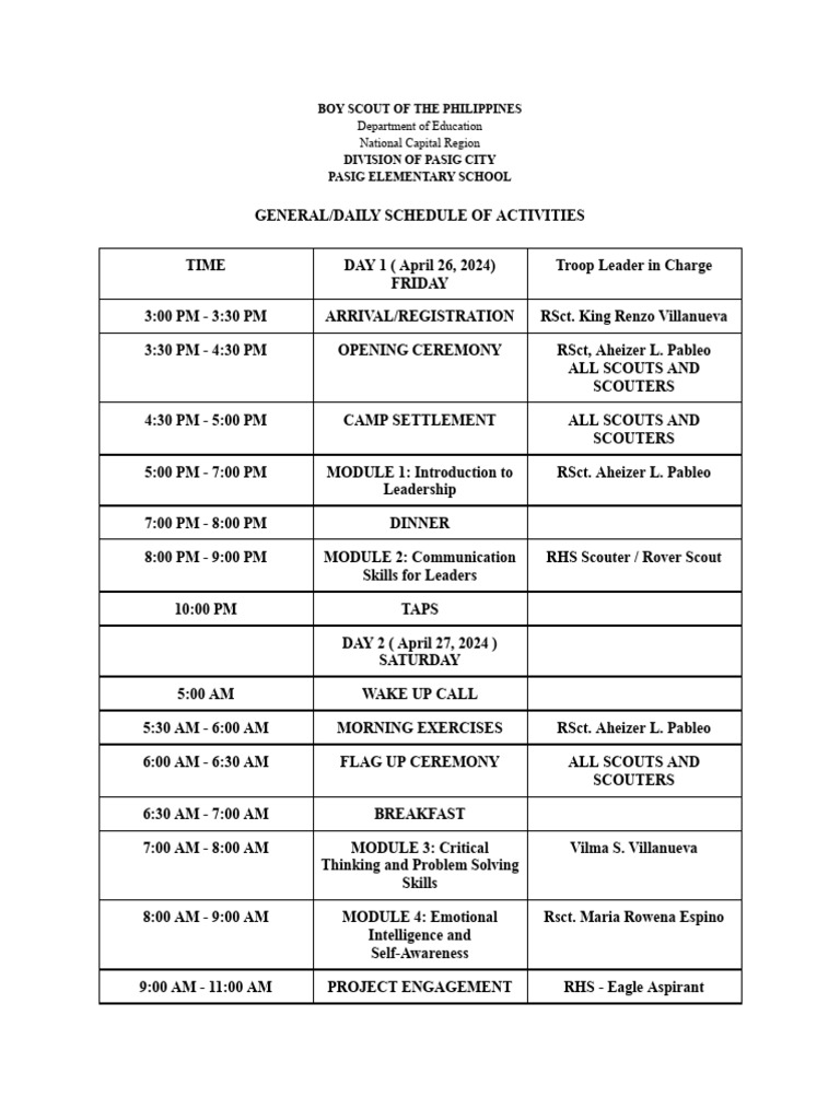 General Schedule of Activities | PDF | Girl Guiding And Girl Scouting | Outdoor Recreation