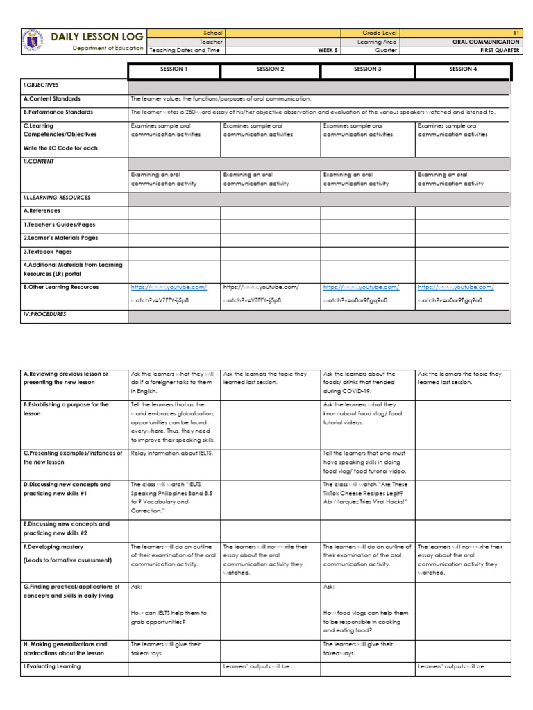 Oral Communication DLL Week 5 | PDF | Learning | Communication
