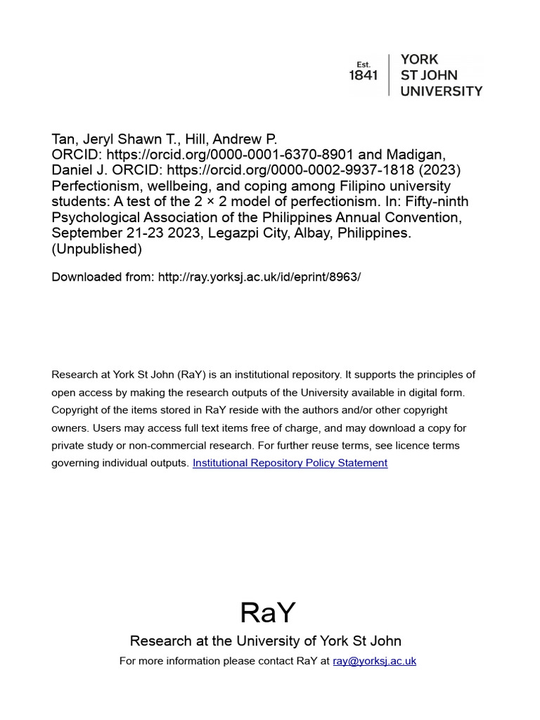 TAN - Perfectionism Wellbeing and Coping Among Filipino University ...