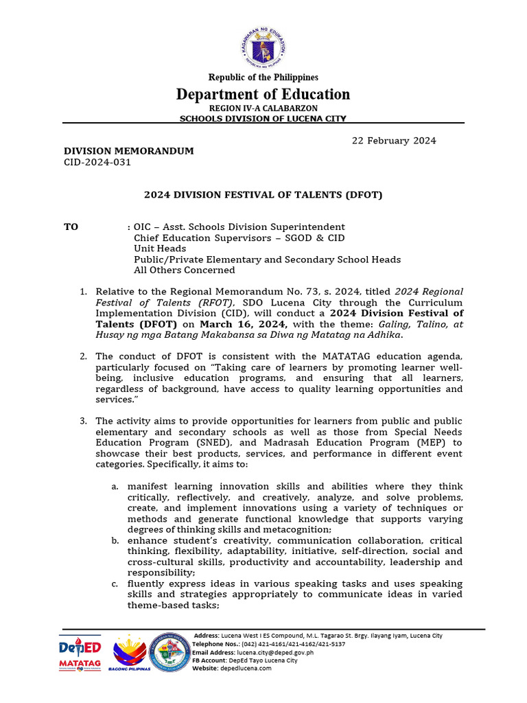 Division Memorandum Cid 2024 031 3qipnwnja6dmj4wznsls | PDF | Public ...