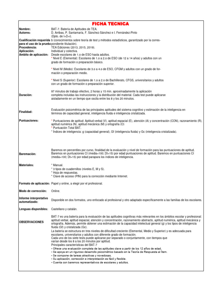 FICHA TECNICA BAT-7 | PDF | Inteligencia | Cociente de inteligencia