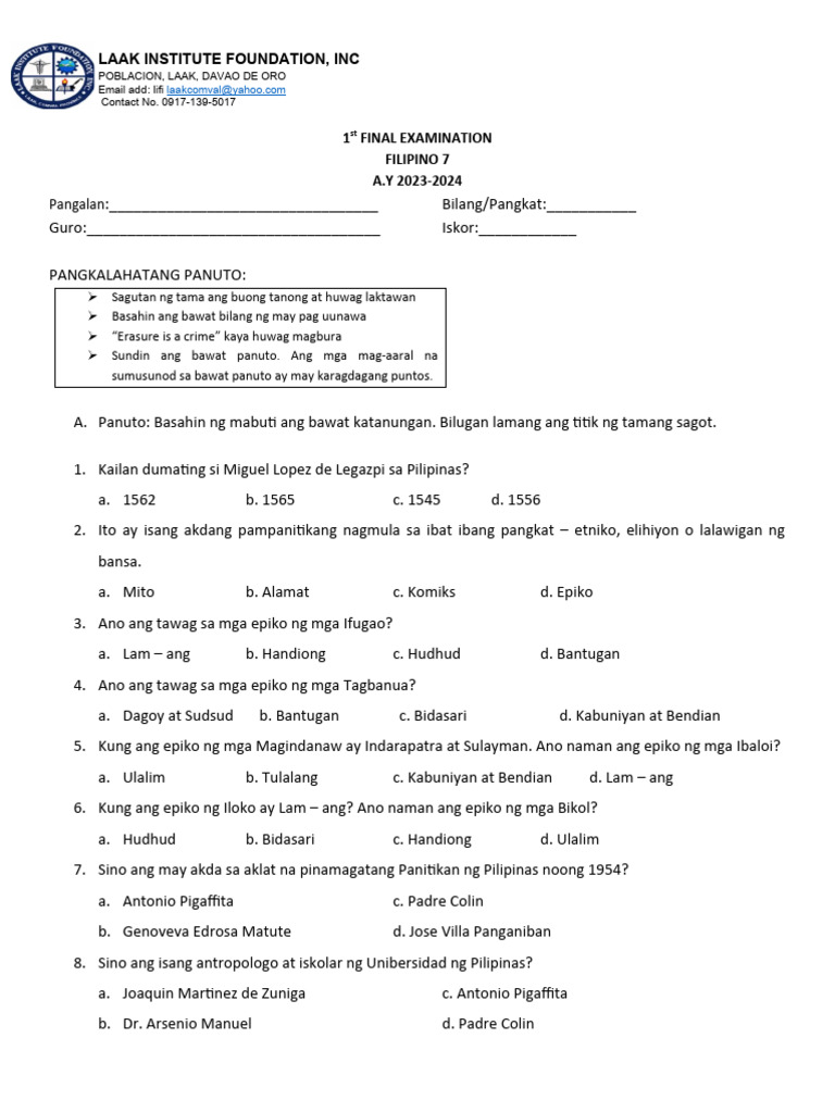 G7 Filipino 1st Quarter Final | PDF