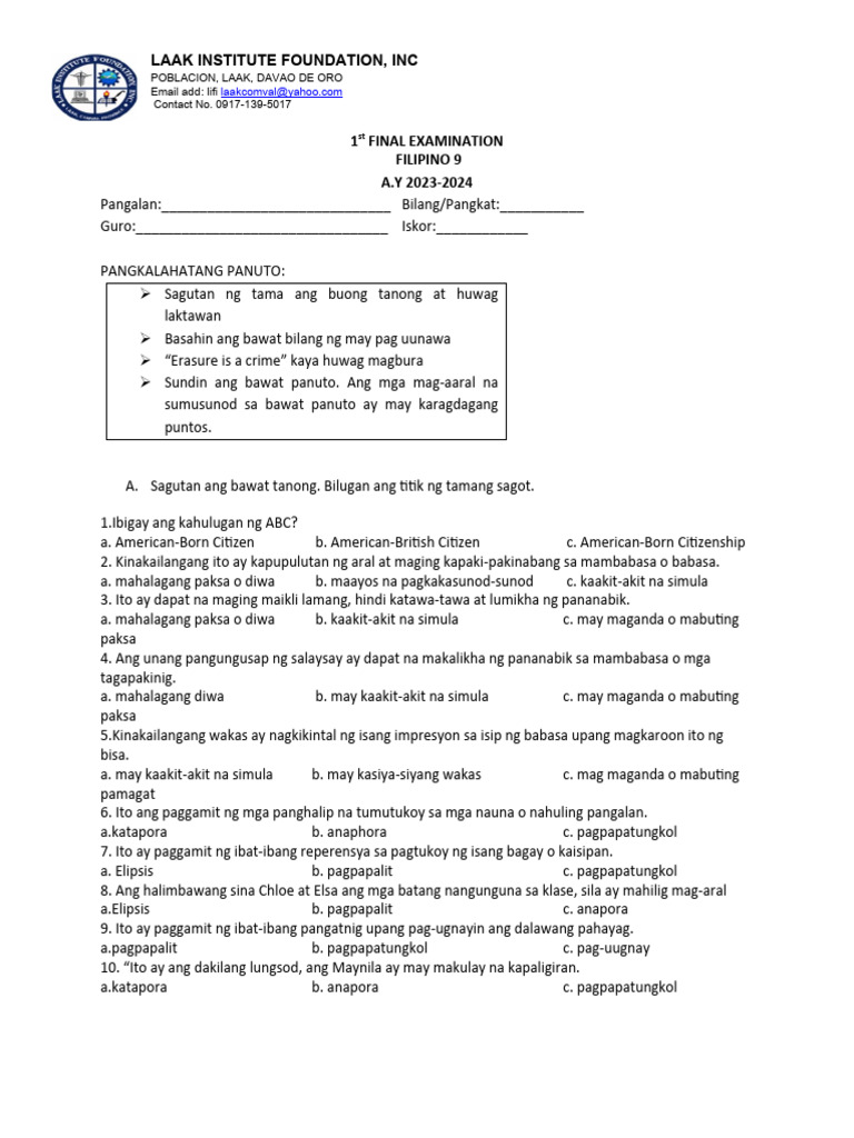 G9 Filipino 1st Quarter Final | PDF