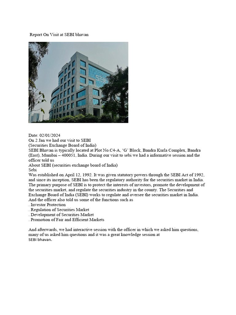 Report On Visit at SEBI Bhavan | PDF