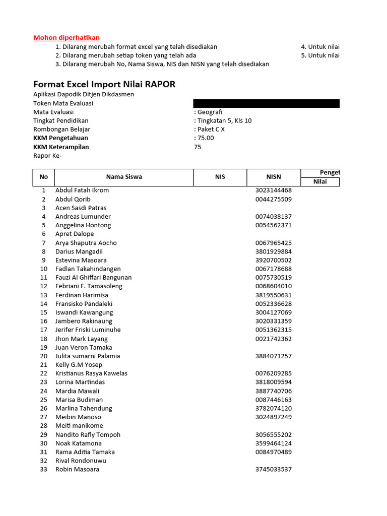Format Nilai Rapor 20231 Paket - C - X Geografi | PDF