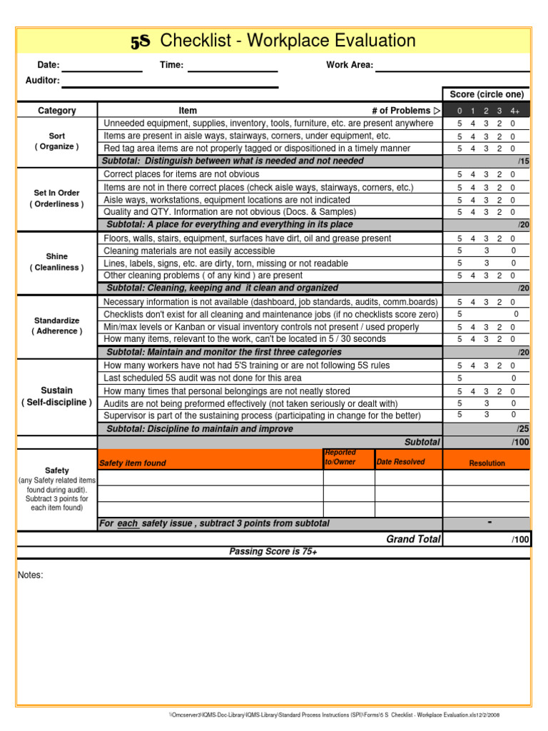 5S Checklist - Workplace Evaluation | PDF | Business
