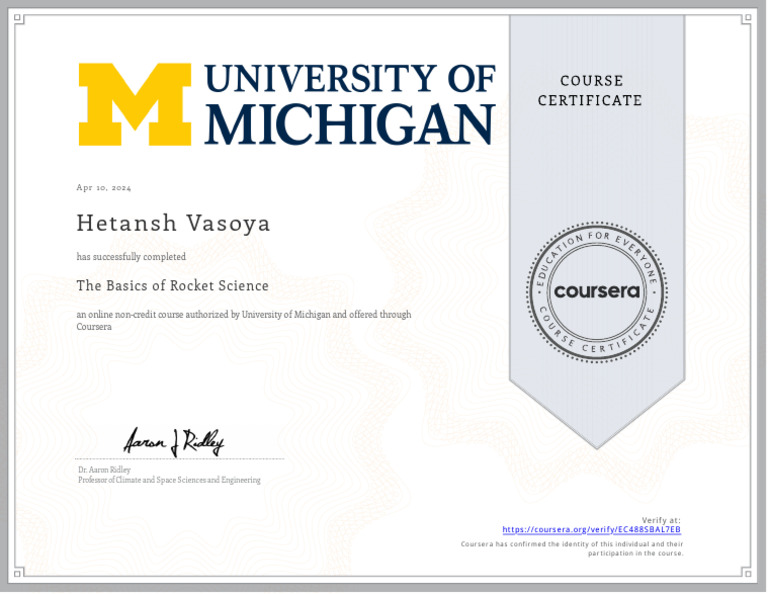 Basics of Rocket Science Certificate | PDF