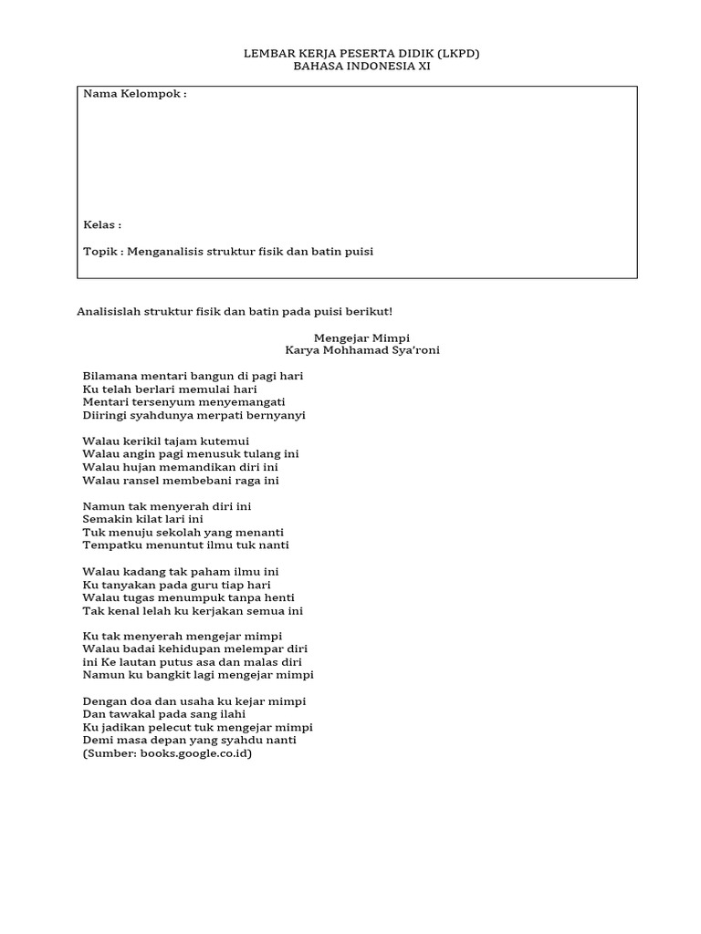 LKPD Analisis Puisi Mengejar Mimpi | PDF