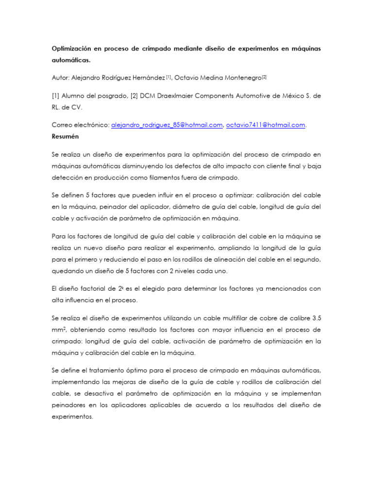 Optimización del Crimpado Automático | PDF | Experimentar | Diseño de ...