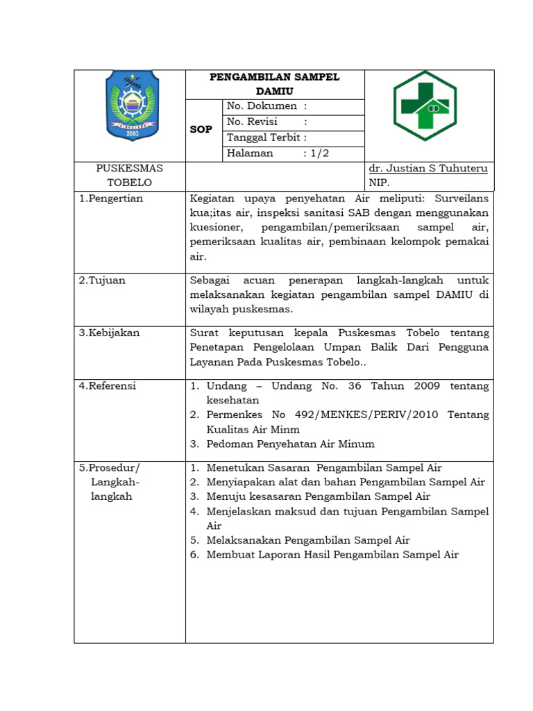 SOP Pengambilan Sampel DAMIU | PDF