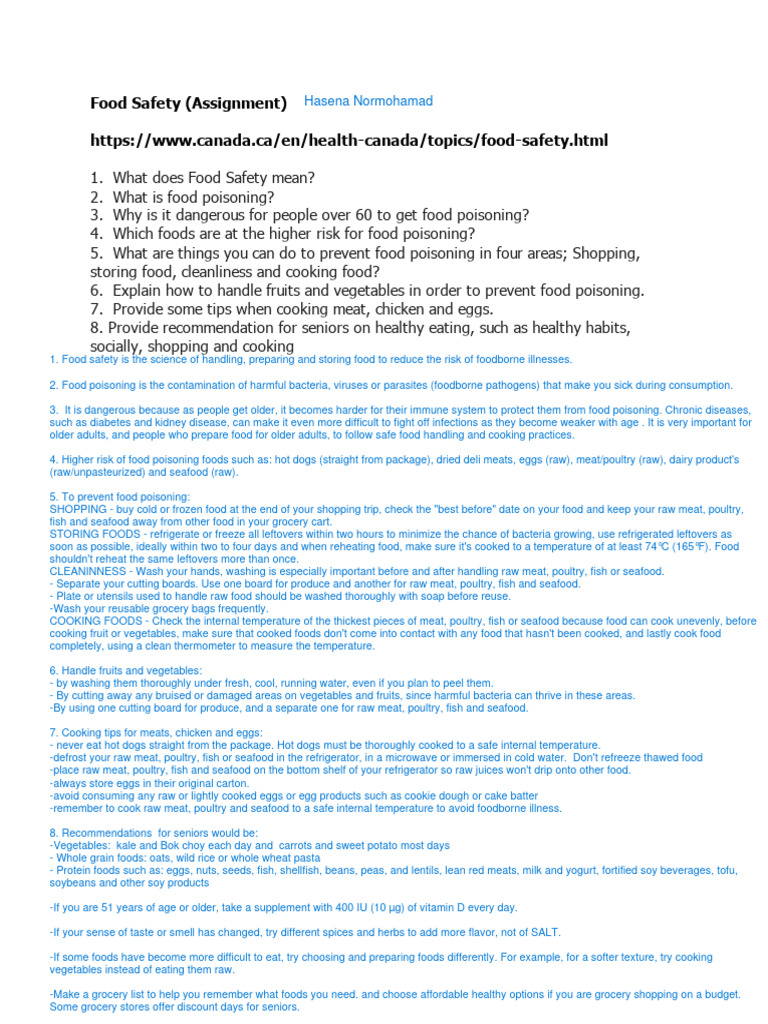 Food Safety Assignment - Hasena.N | PDF | Foodborne Illness | Foods