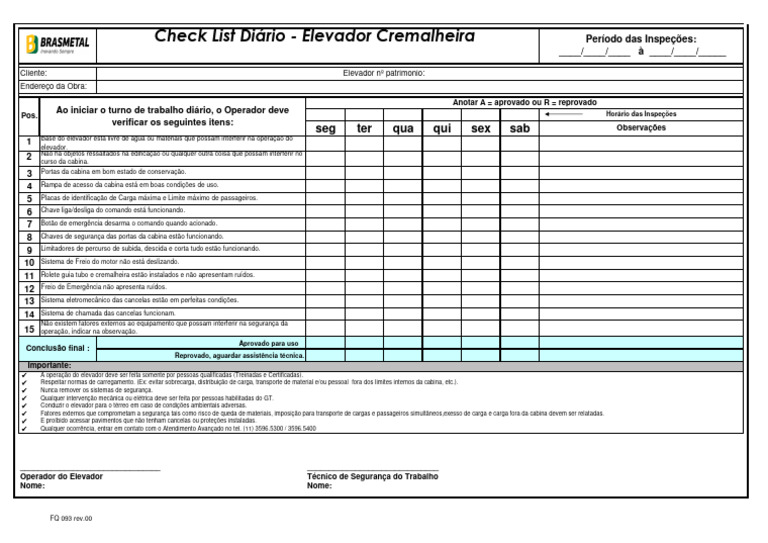 Check List Diário Elevador Cremalheira | PDF