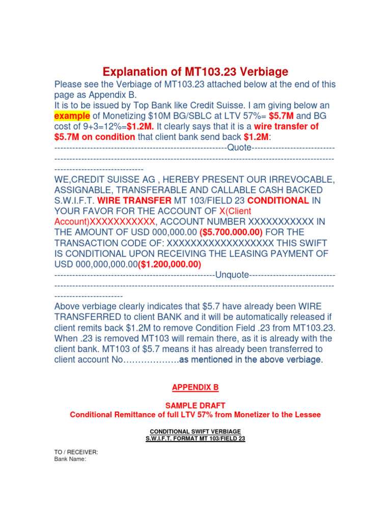 Explanation of MT103.23 Verbiage | PDF | Wire Transfer | Banks