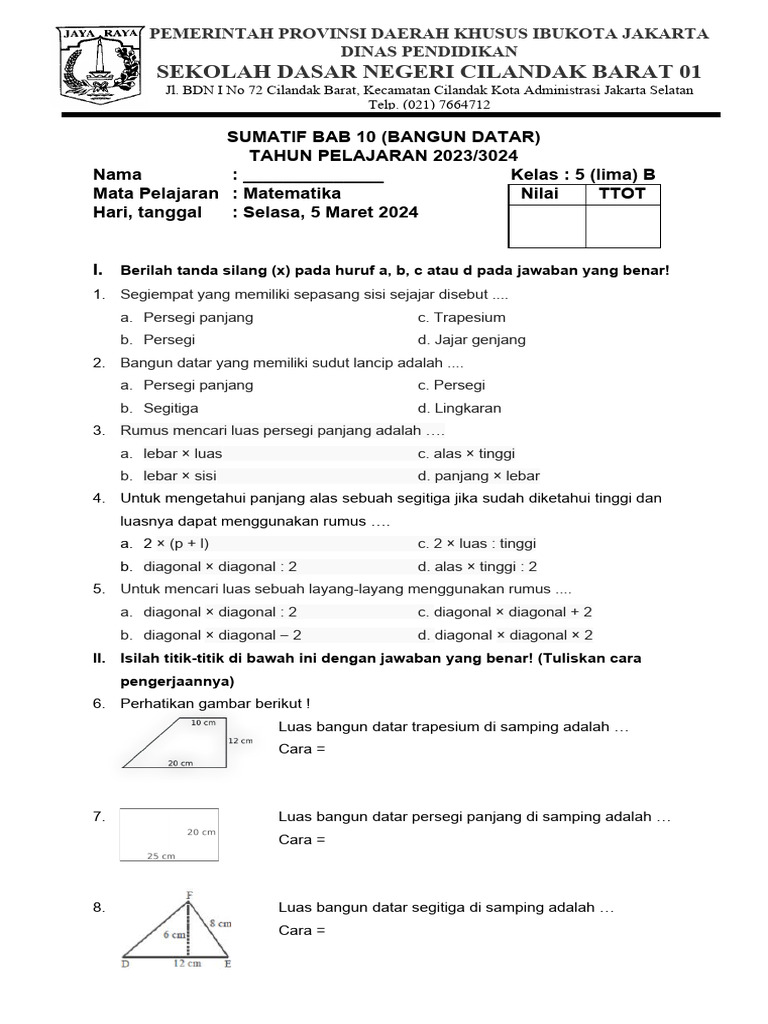 SUMATIF 2 MATEMATIKA (BANGUN DATAR) | PDF