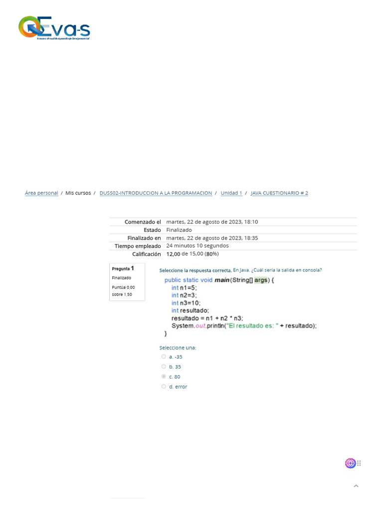 Java Cuestionario # 2 - Revisión Del Intento | PDF | Software | Informática