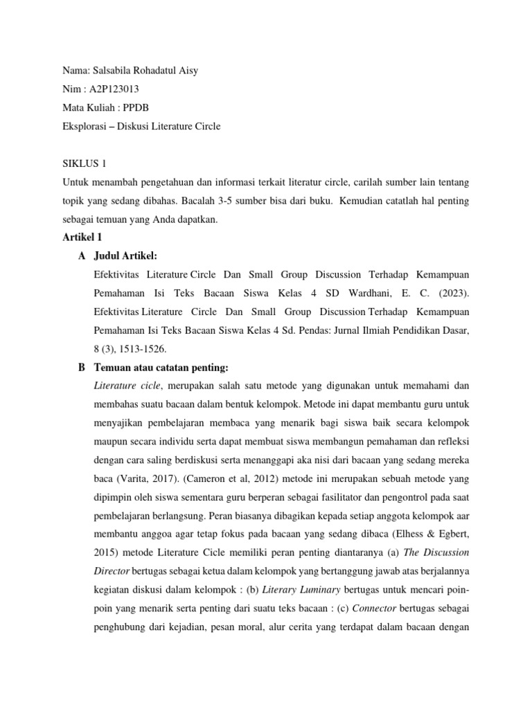 Siklus 1 - PPDB - Eksplorasi Konsep - Literature Circle - Salsabila Rohadatul Aisy | PDF