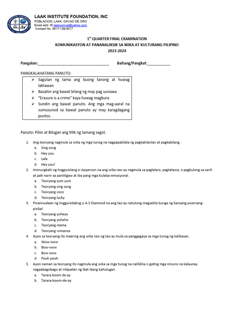 G11 Filipino 1st Quarter Final | PDF