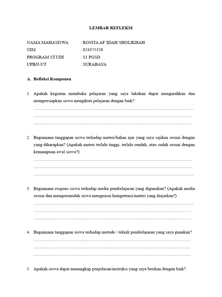 Lembar Refleksi Setelah Melakukan Pembelajaran | PDF | Karier ...