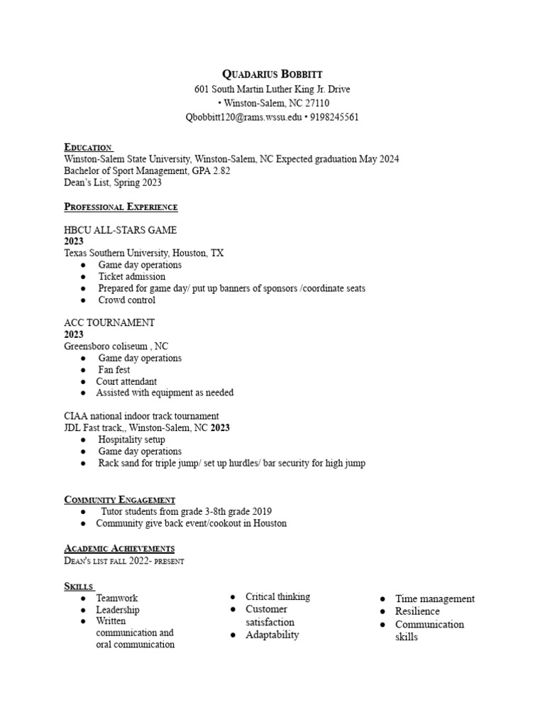 Sport Management Resume: Quadarius Bobbitt | PDF