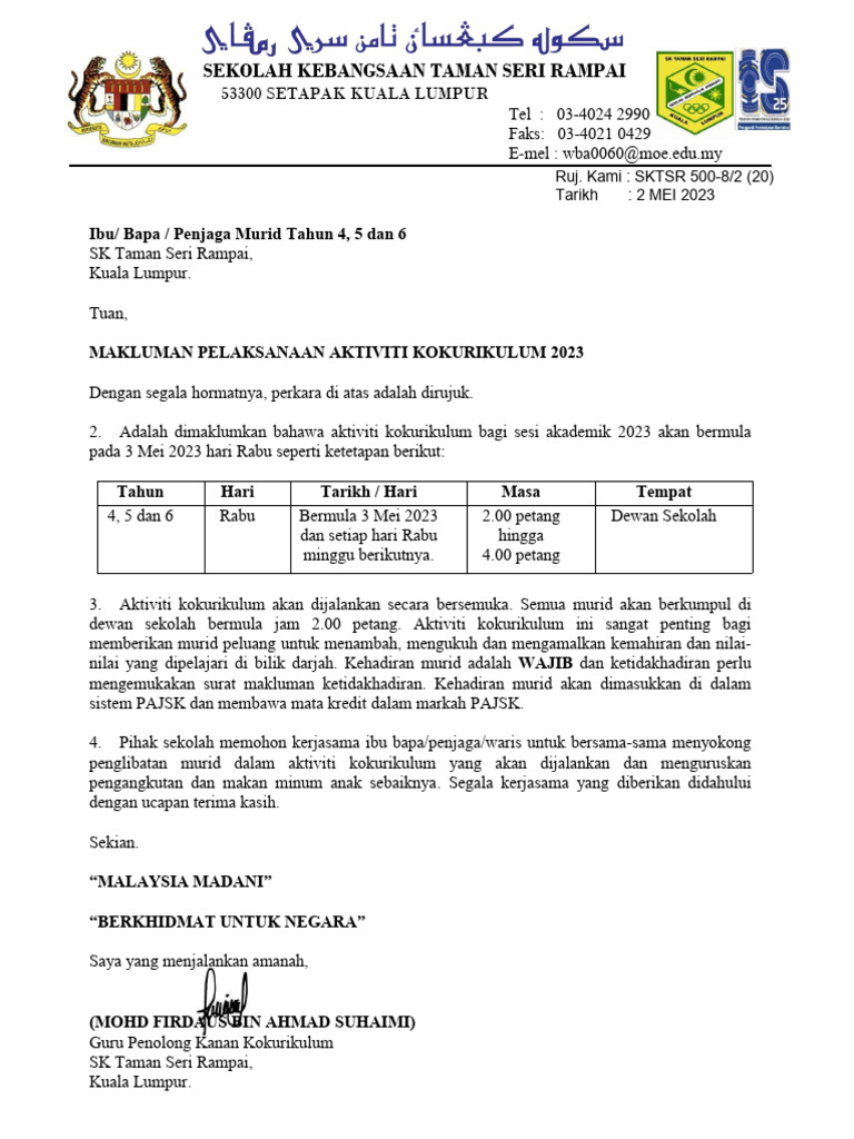 Surat Makluman Aktiviti Kokurikulum 2023 | PDF