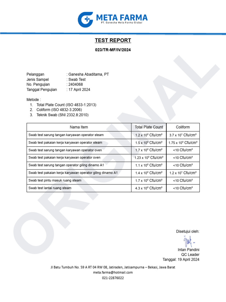 Test Report - Swab Test | PDF