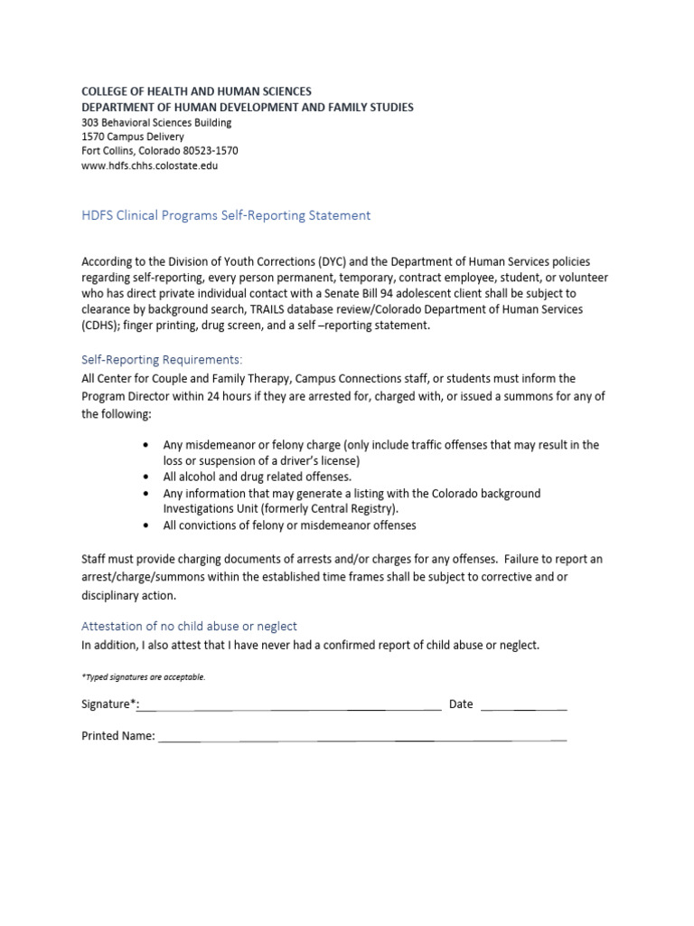 HDFS Clinical Programs Self Reporting Statement | PDF