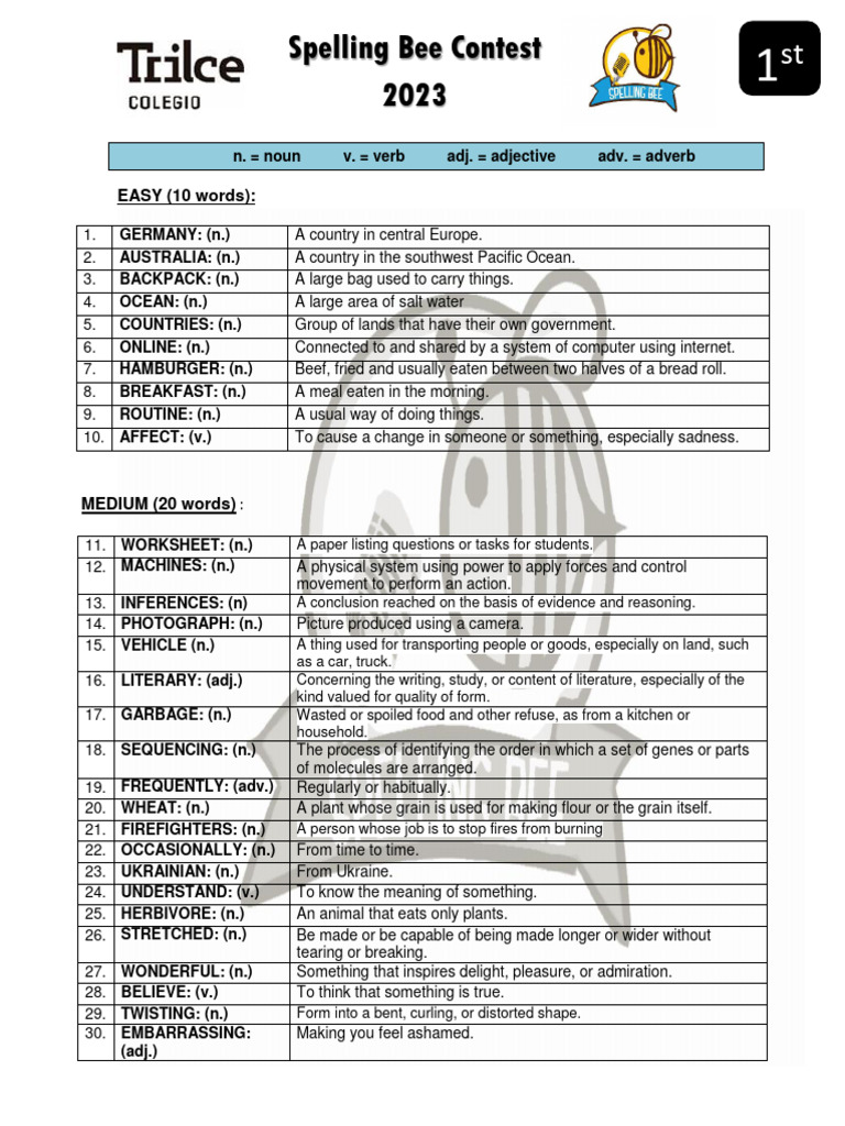 1st Grade_Spelling Bee 2023_Wordlists | PDF