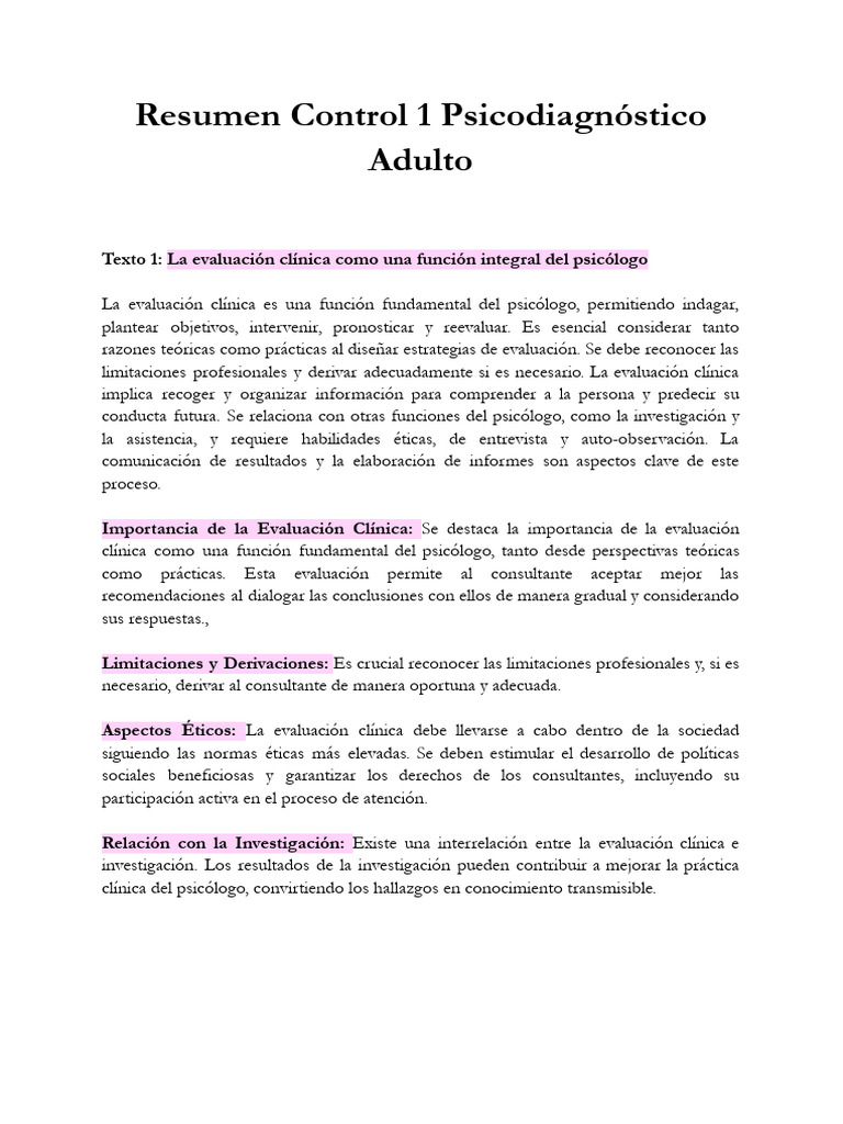 Resumen Control 1 Psicodiagnostico Adulto | PDF | Sicología | Evaluación