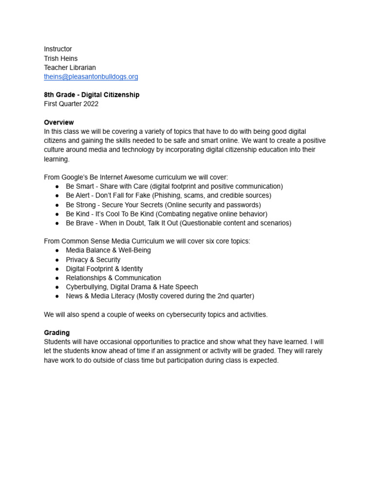 8th Grade Digital Citizenship Course Overview | PDF