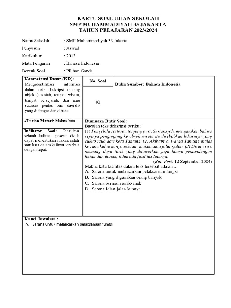 Kartu Soal Ujian Sekolah 2024 | PDF