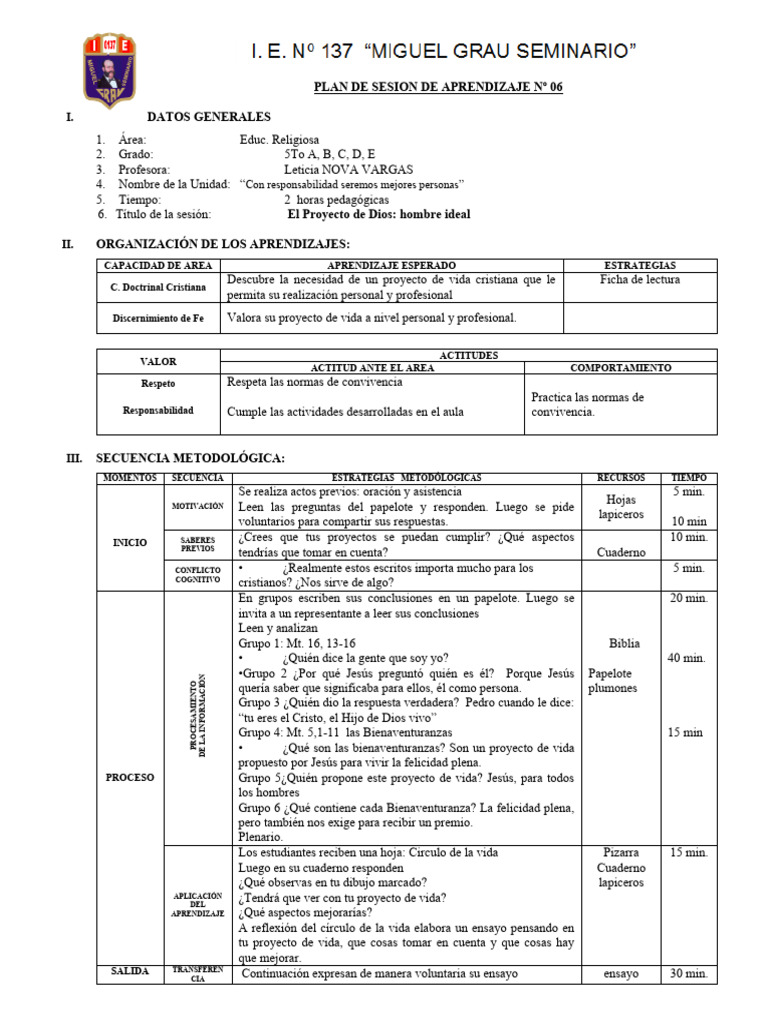 Plan de Sesion de Aprendizaje #06 | Descargar gratis PDF | Evaluación | Aprendizaje
