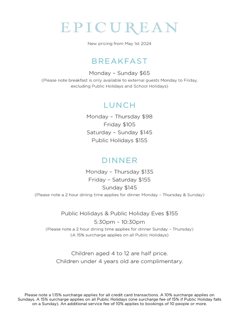 Epicurean Buffet Pricing Details | PDF | Fee | Dinner