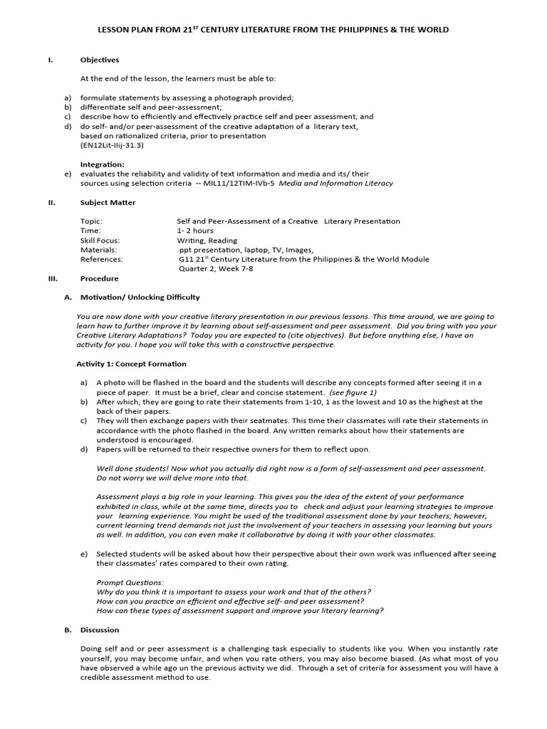 Lesson Plan On Self Assessment and Peer Assesment | PDF | Educational ...