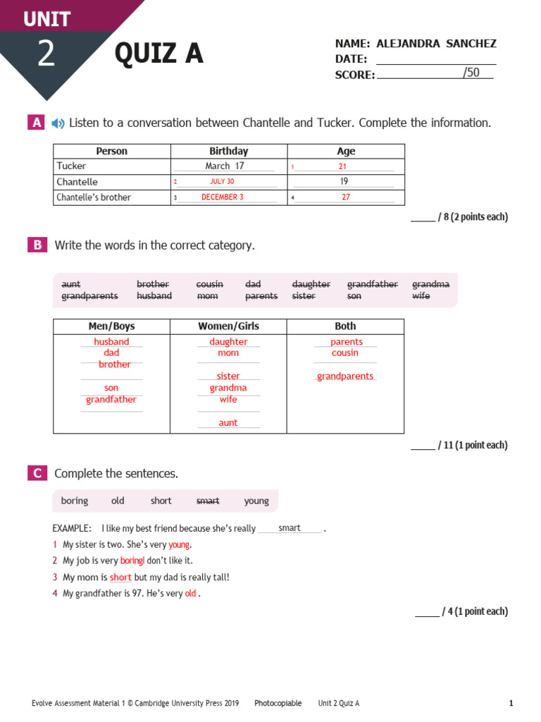 Evolve - L1 - Unit 2 Quiz - A-Resuelto | PDF | Grandparent | Family