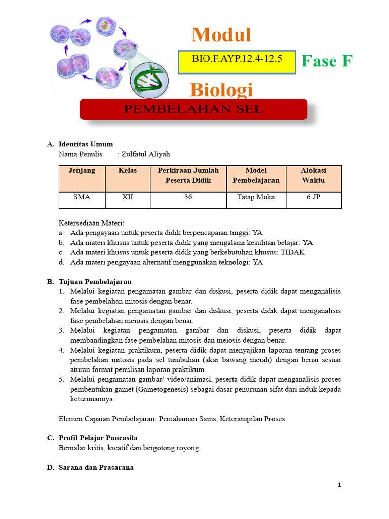 Zulfatul Aliyah - Modul Ajar Pembelahan Sel Biologi SMA Kelas XII | PDF