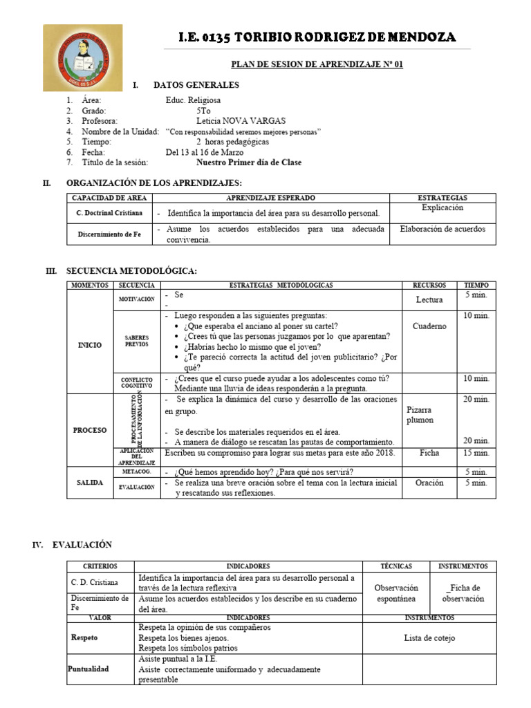 Plan de Sesion de Aprendizaje #01 | Descargar gratis PDF | Aprendizaje | Modificación de ...