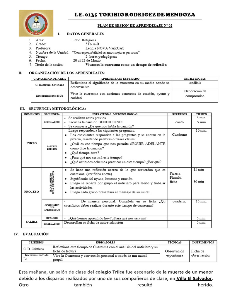 PLAN DE SESION DE APRENDIZAJE #02 Orig - 5to | PDF | Aprendizaje