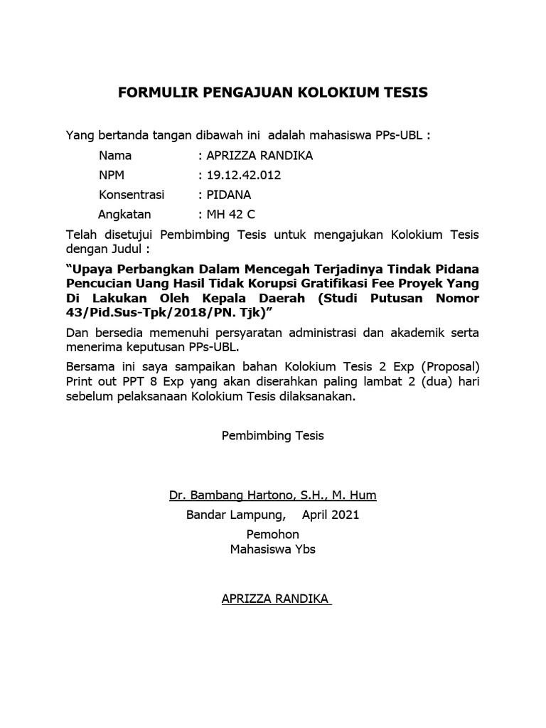 Formulir Pengajuan Kolokium Tesis | PDF
