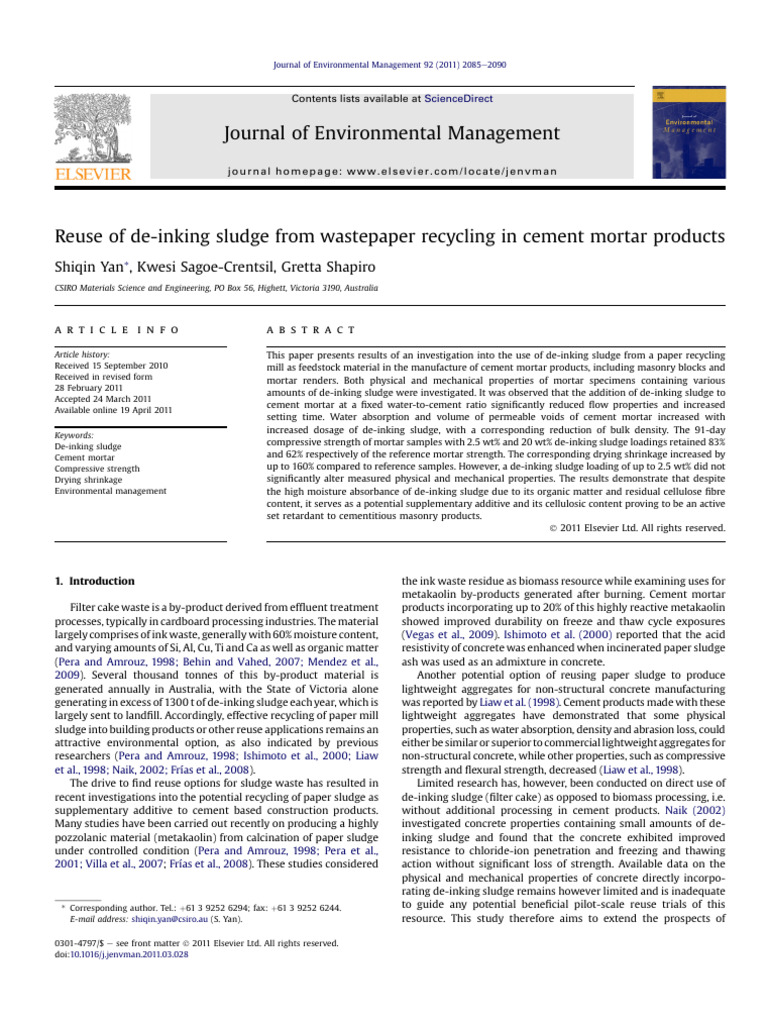 Reuse of De-Inking Sludge From Wastepaper Recycling in Cement Mortar ...