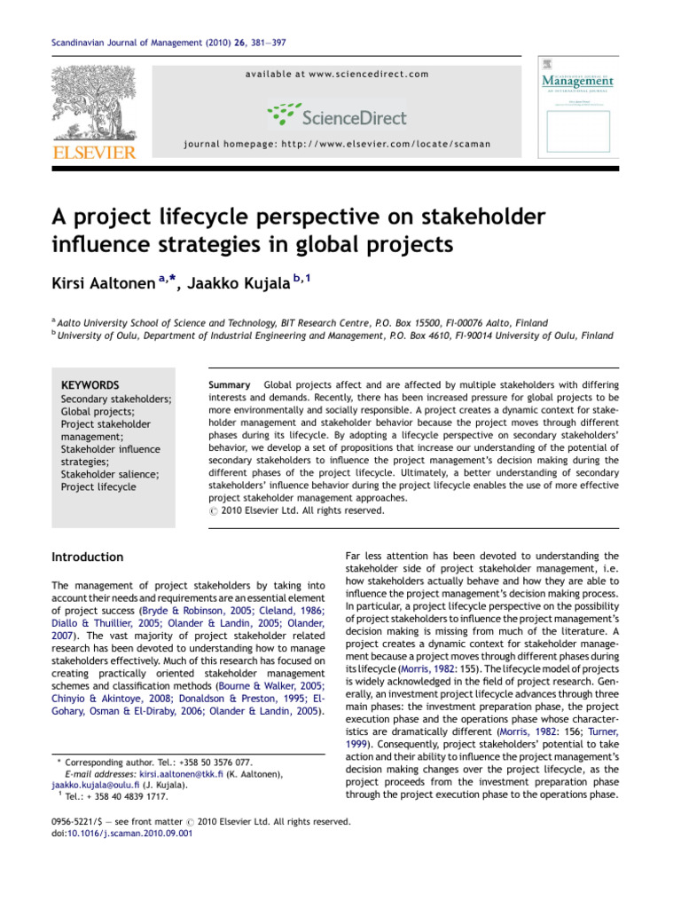 A Project Lifecycle Perspective On Stakeholder Influence Strategies in ...